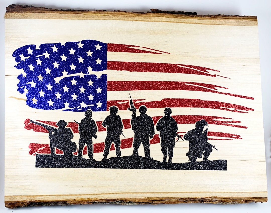 Military American Flag Soldiers Rustic Walnut Slab Unique Present ...