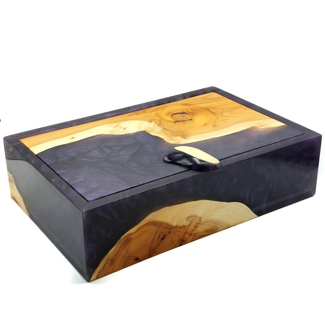 Wood and Resin Box. Handmade Yew Wood and Purple Epoxy Resin Keepsake ...
