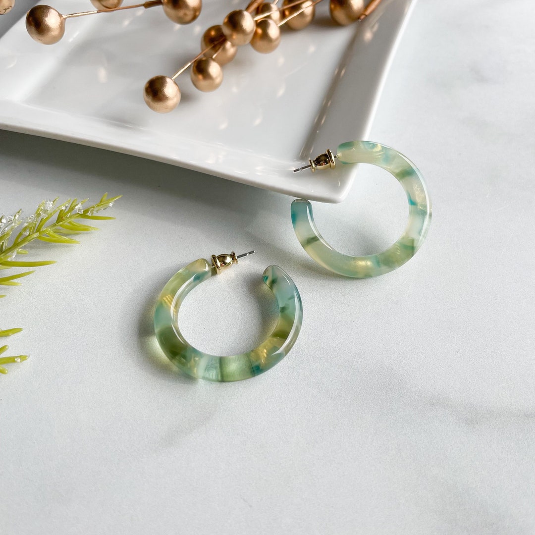 Green Acetate Hoop Earrings | 35mm Chunky Dew Drop Hoops, Sterling ...