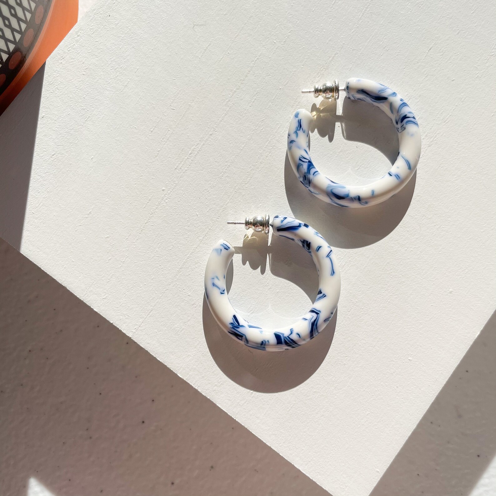 35mm Round Hoops in Porcelain Thick Chunky White and Blue Hoop Earrings ...