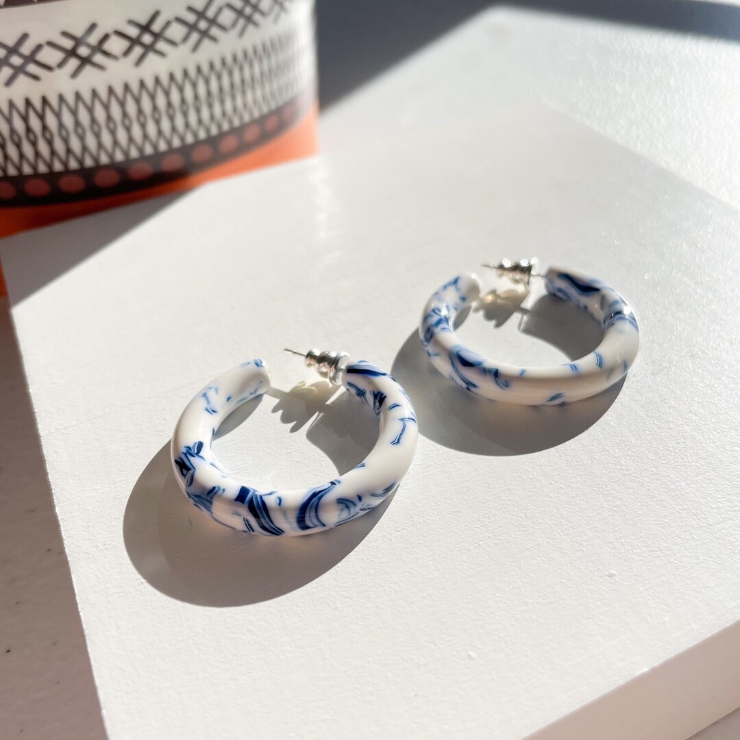 35mm Round Hoops in Porcelain Thick Chunky White and Blue Hoop Earrings ...