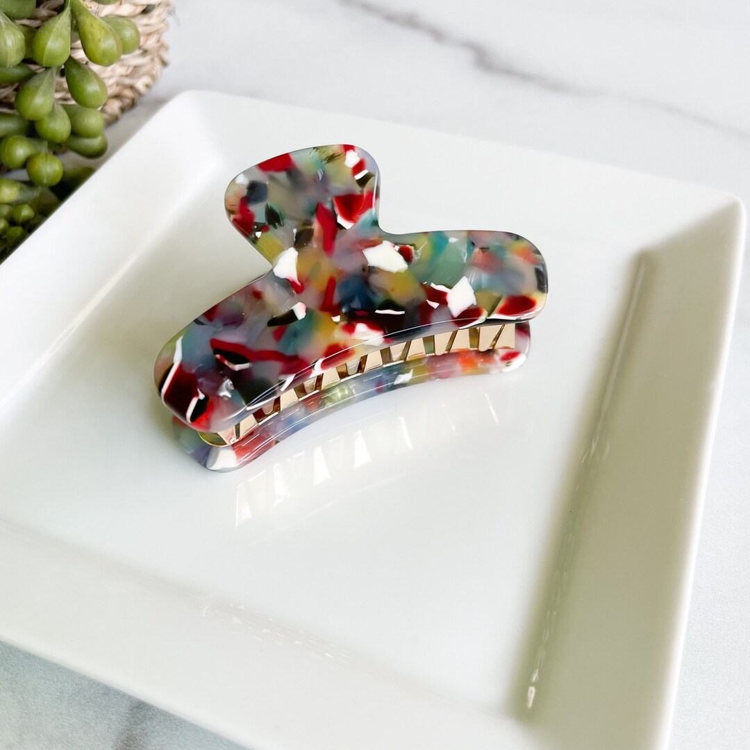Mini French Hair Claw in Rainbow Colorful Confetti Multi-colored Hair Clips Acetate Stainless ...