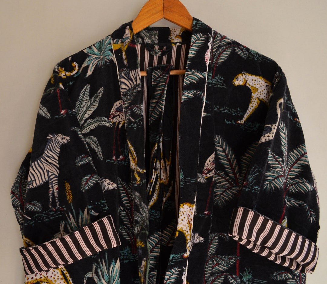 Velvet Kimono Winter Bath Robe Gown Printed Night Wear Long Velvet ...