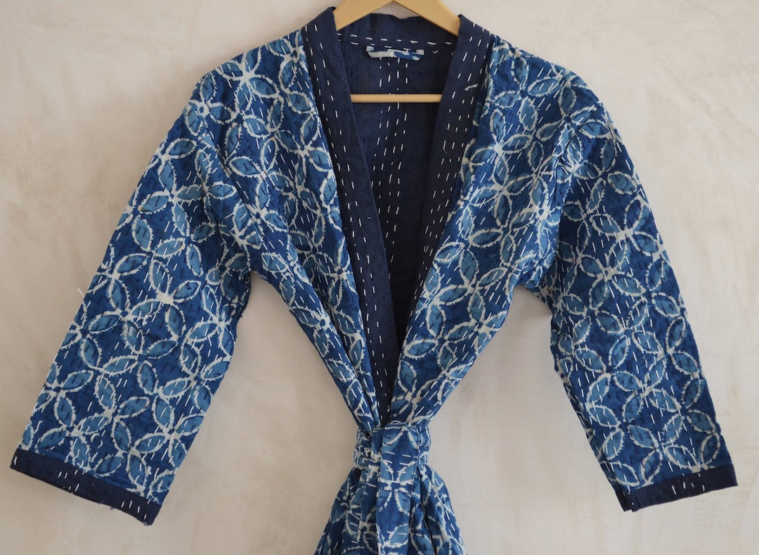 Indigo Printed Handmade Quilted Kantha Robe, Indian Dabu Print Bohemian ...