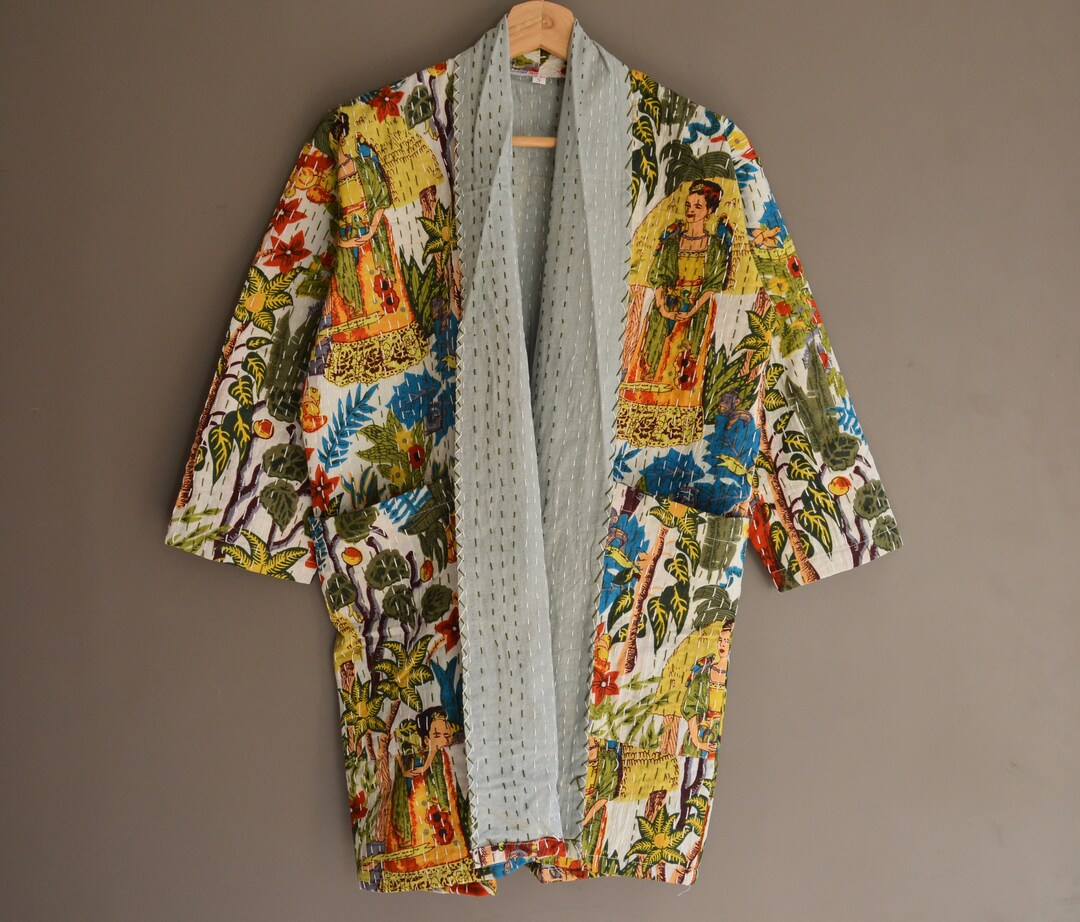 Traditional Cotton Kimono Dress Handmade Block Print Jacket, Women Wear Kantha Short Kimono ...