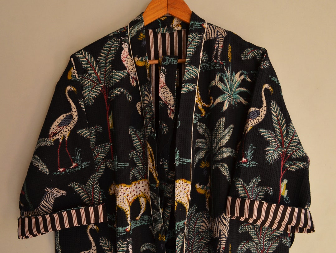Cotton Waffle Bathrobe, Animal Print Waffle Fabric Dressing Gown ...