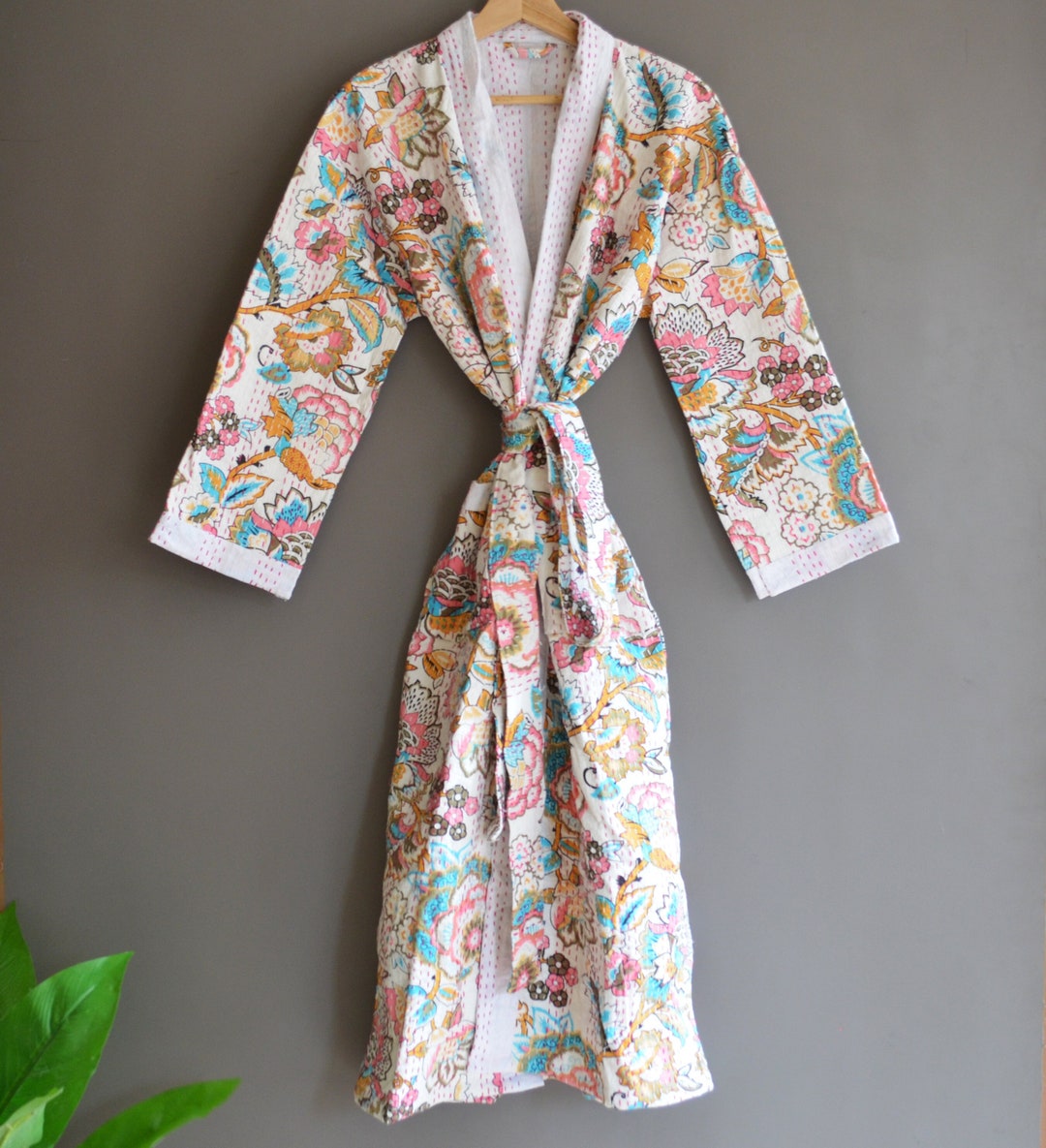 Indian Handmade Kantha Stitch Robe, Winter Jacket Tie Belt Long Coat ...