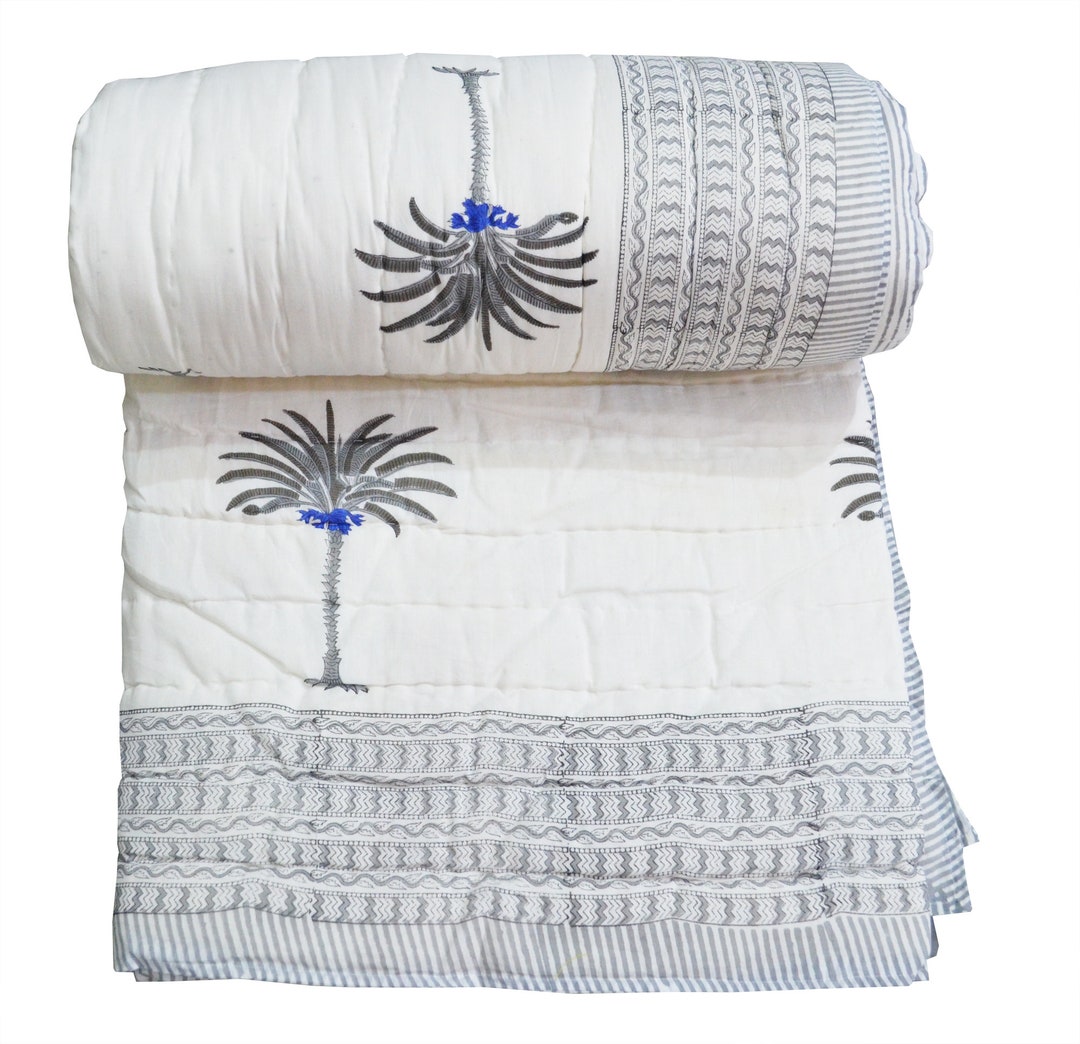 Tree Block Print Razai, Indian Cotton Handmade Quilt Razai, Twin ...