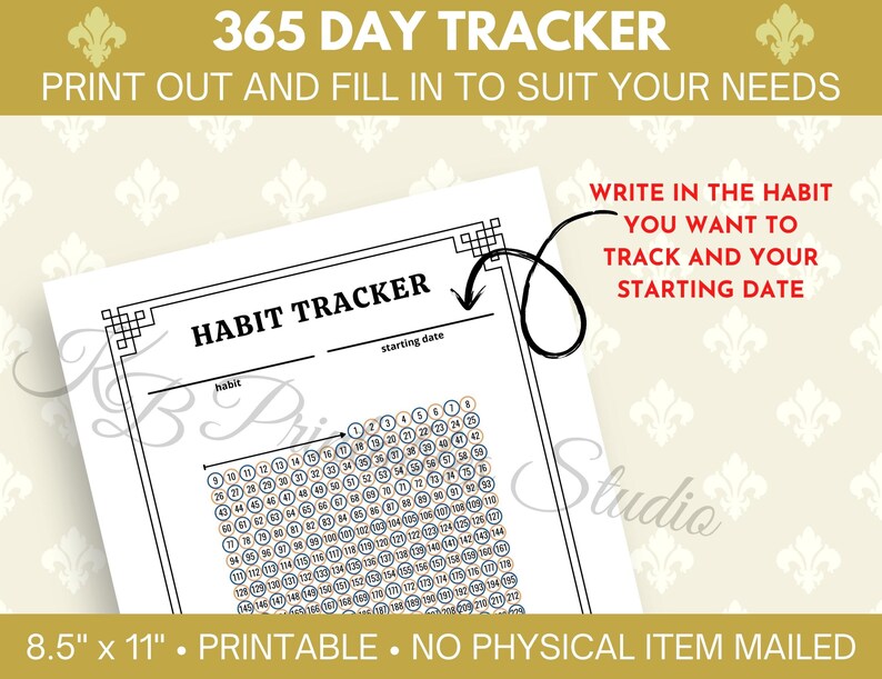 365 Day Habit Tracker, Goal Tracker, Health and Fitness Chart, Year to ...