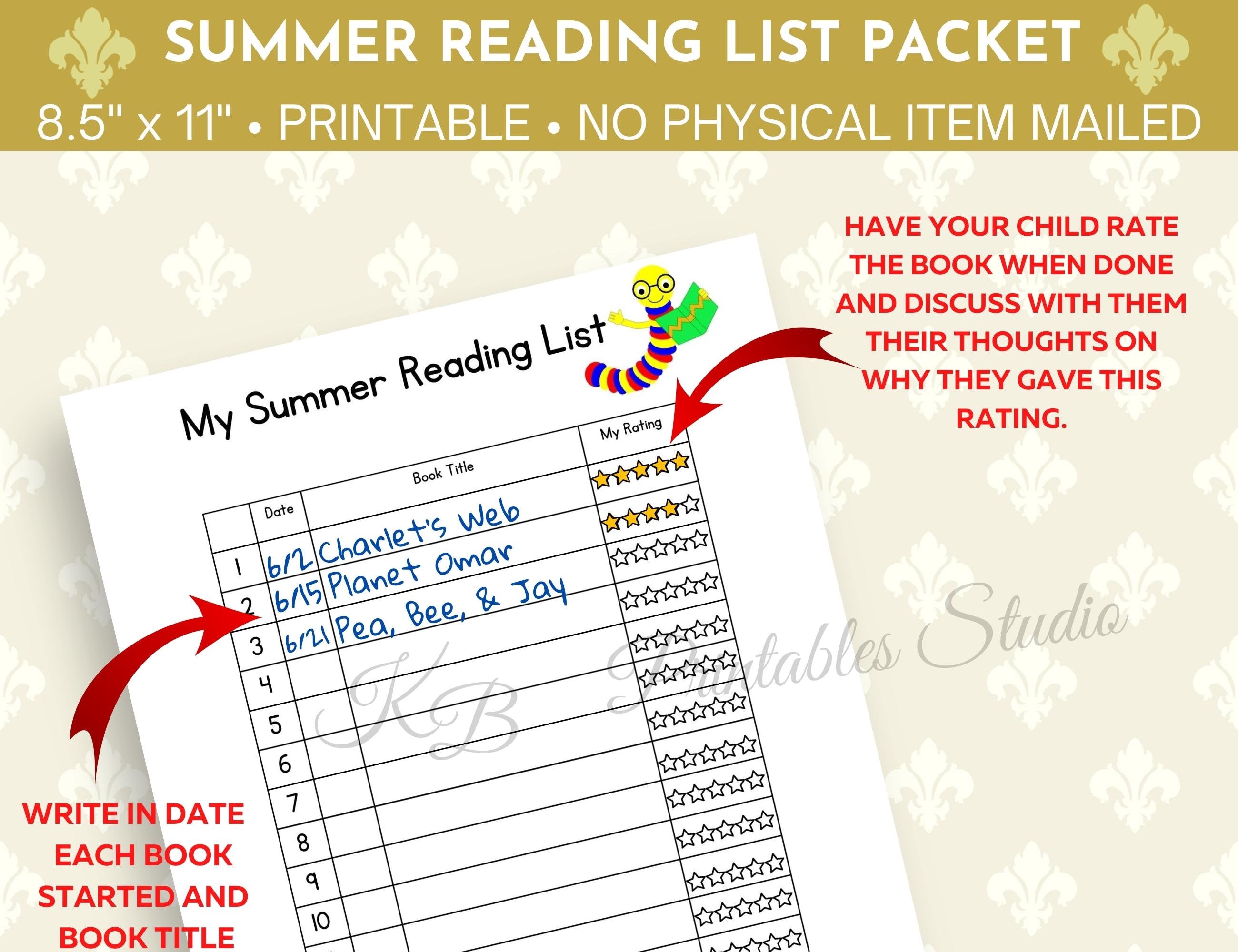 Summer Reading List Packet, Bookworm Reading Challenge (PDF) - Etsy