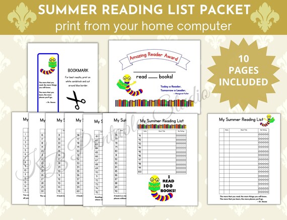 Summer Reading List Packet Summer Reading Challenge Bookworm - Etsy