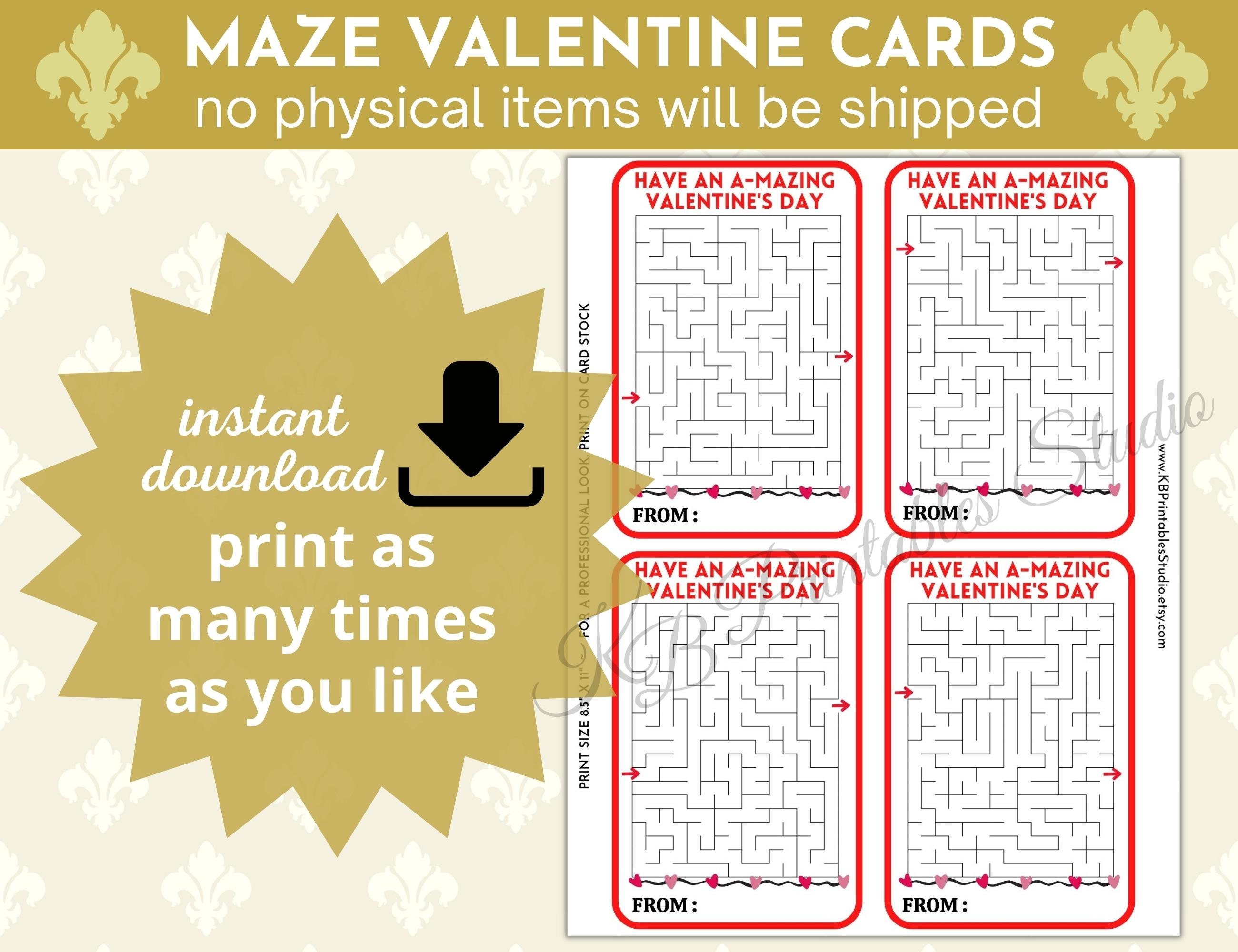 Maze Valentine's Day Cards, Printable Children's Valentine's Cards ...