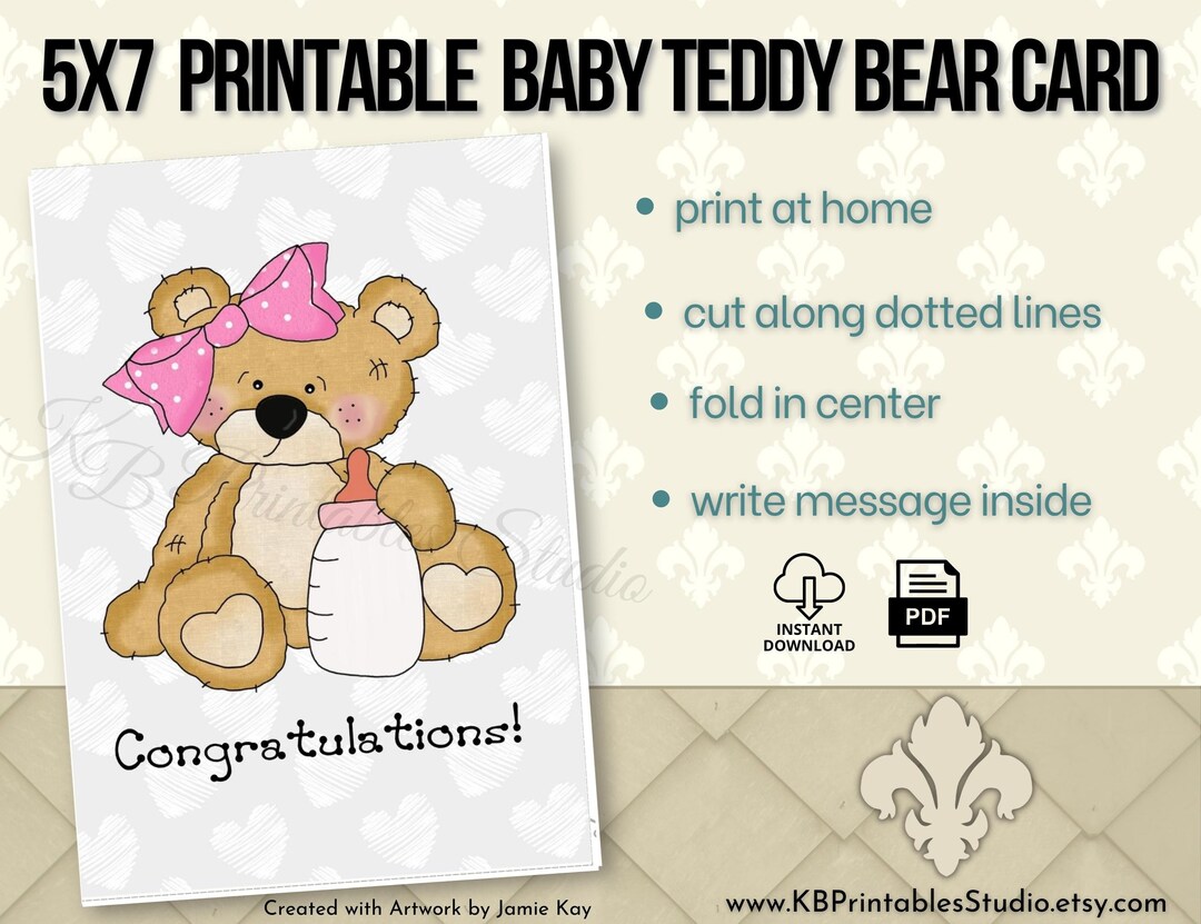 Printable Teddy Bear Card, New Baby Card, Baby Girl Card, Baby Shower ...