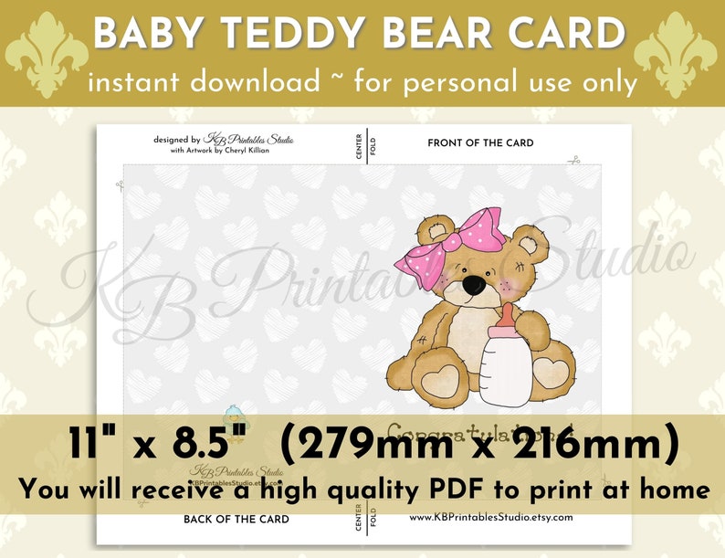 Printable Teddy Bear Card, New Baby Card, Baby Girl Card, Baby Shower ...