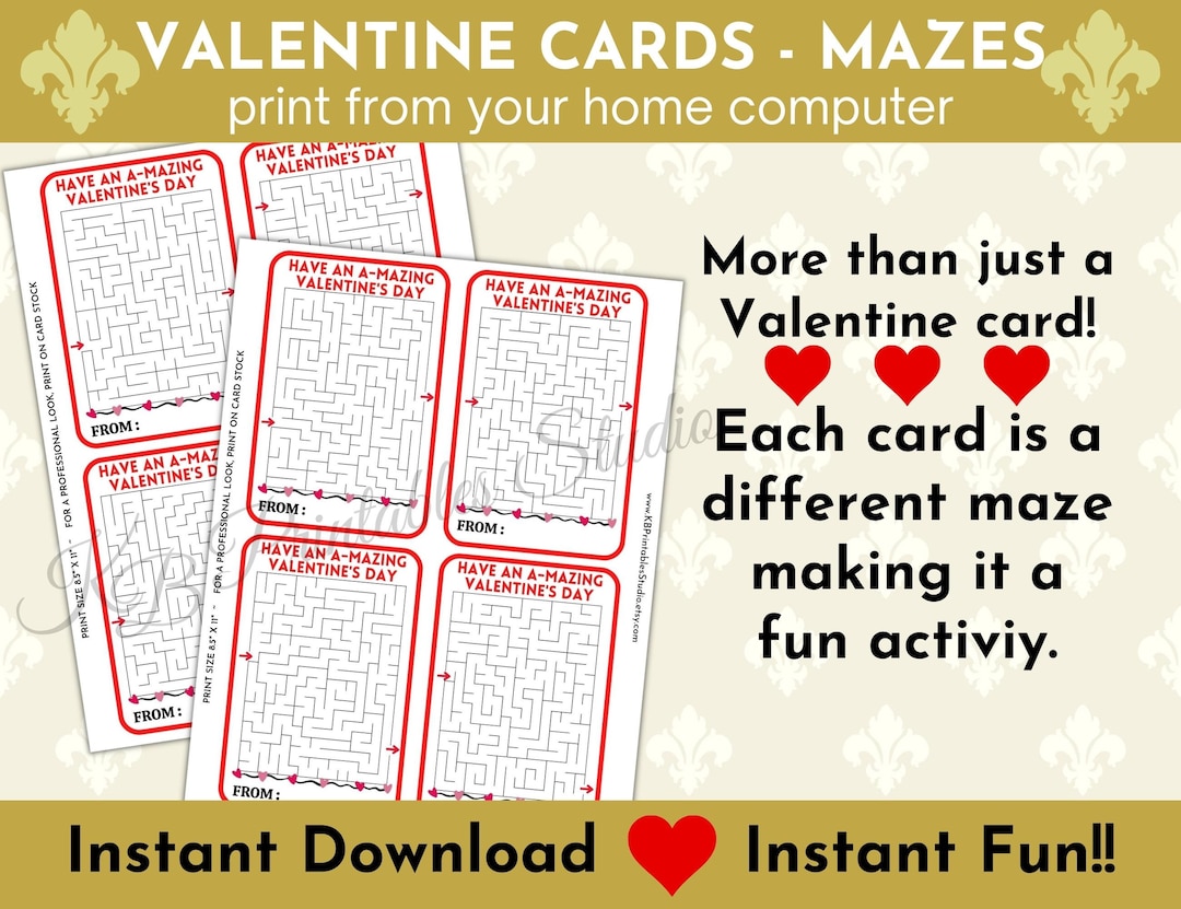 Maze Valentine's Day Cards, Printable Children's Valentine's Cards ...