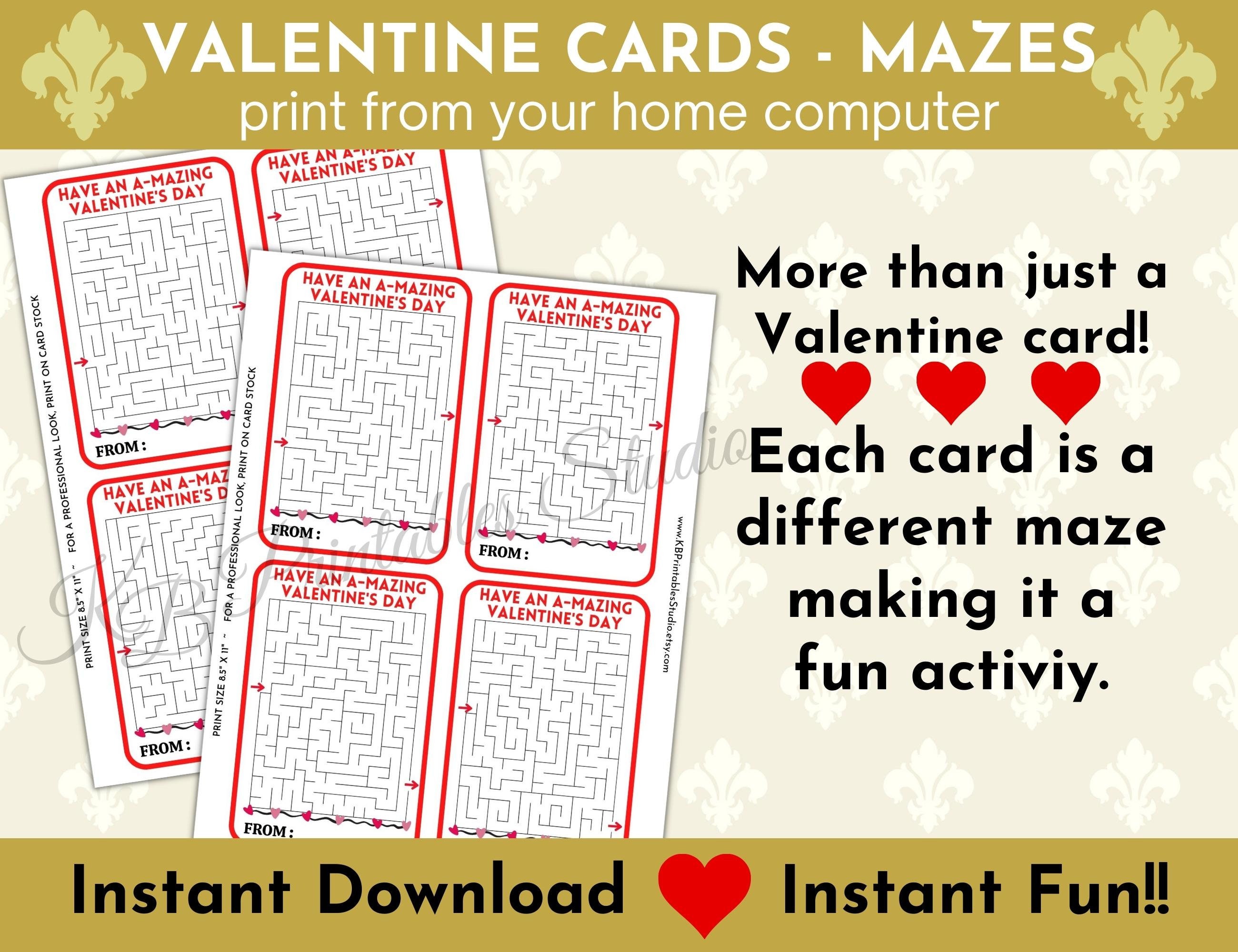 Maze Valentine's Day Cards, Printable Children's Valentine's Cards ...