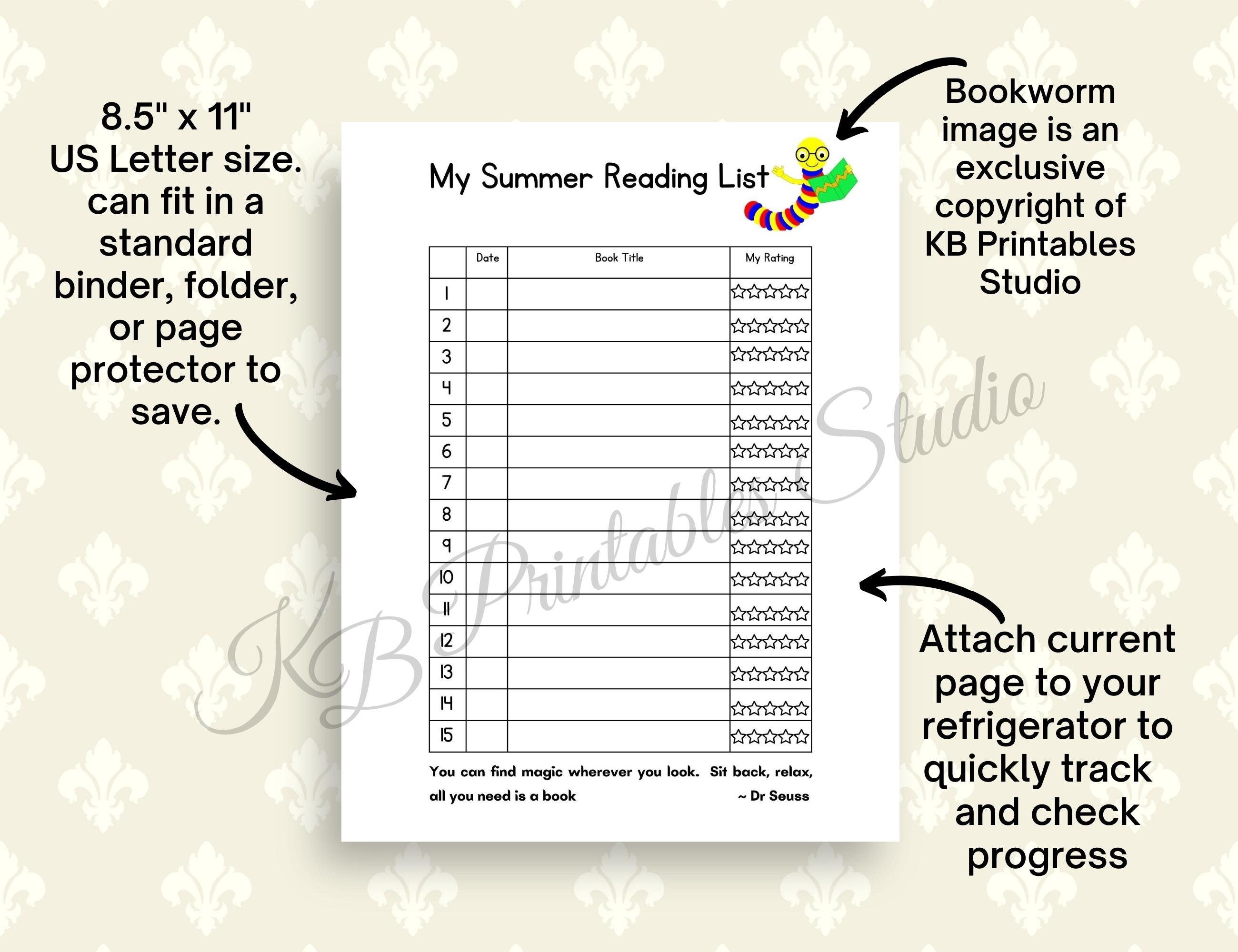 Summer Reading List Packet, Bookworm Reading Challenge (PDF) - Etsy