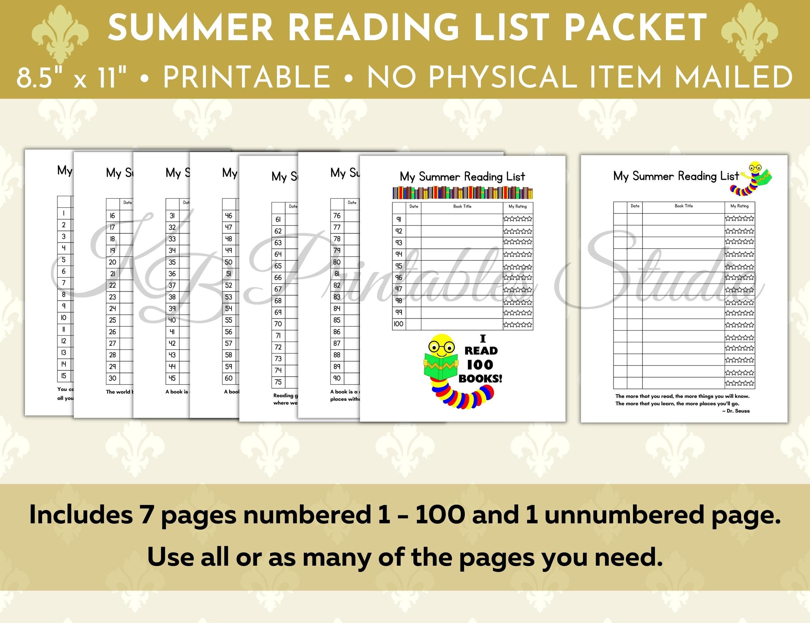 Summer Reading List Packet, Bookworm Reading Challenge (PDF) - Etsy