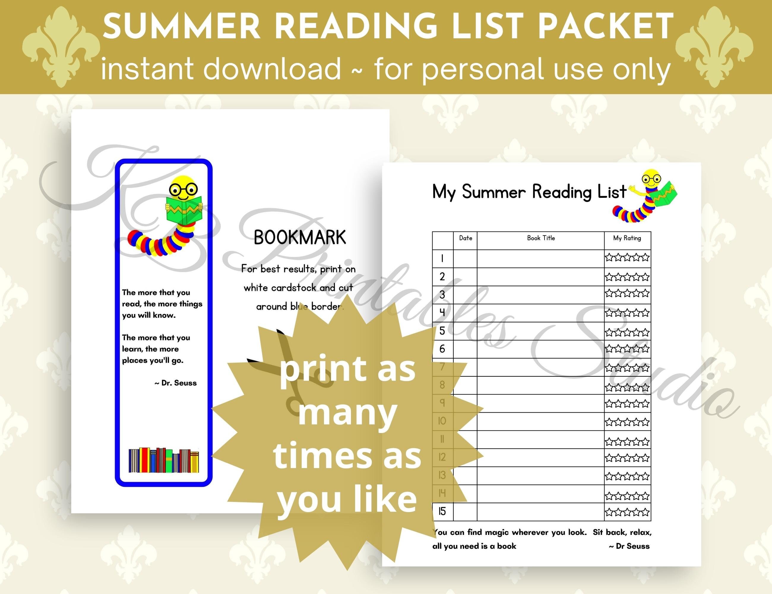 Summer Reading List Packet, Bookworm Reading Challenge (PDF) - Etsy