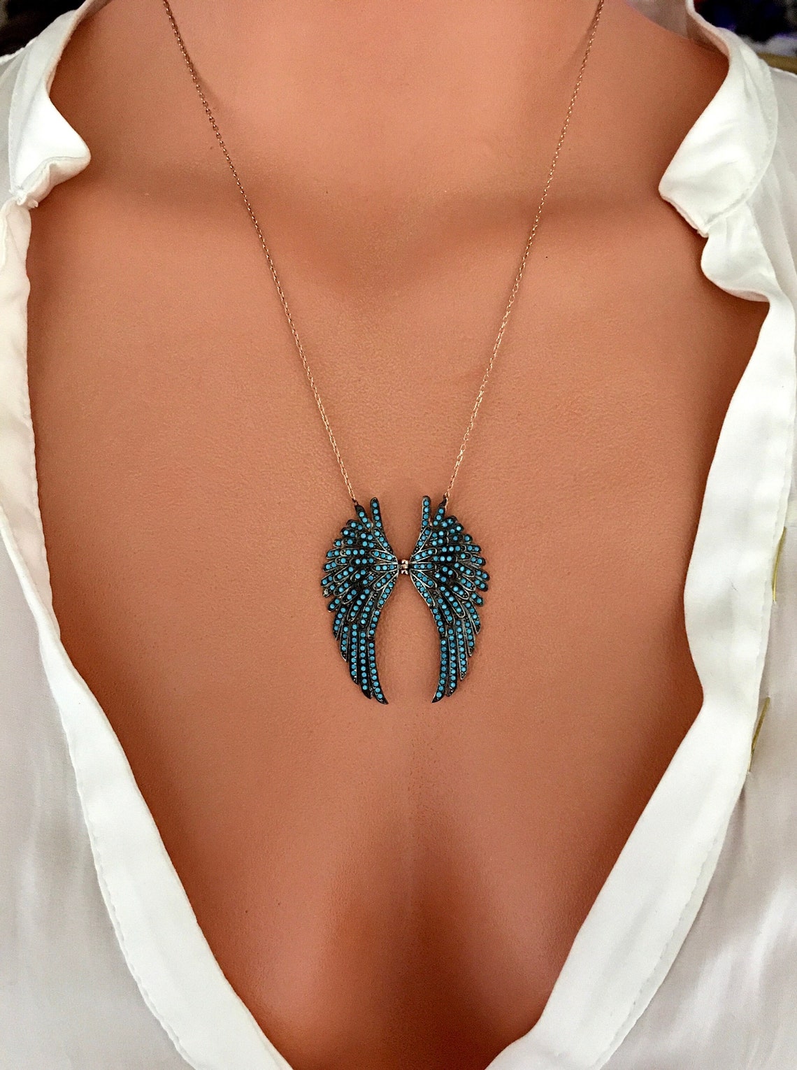 Turquoise Wings Necklace / 925 Sterling Silver Angel Wings / Zircon ...