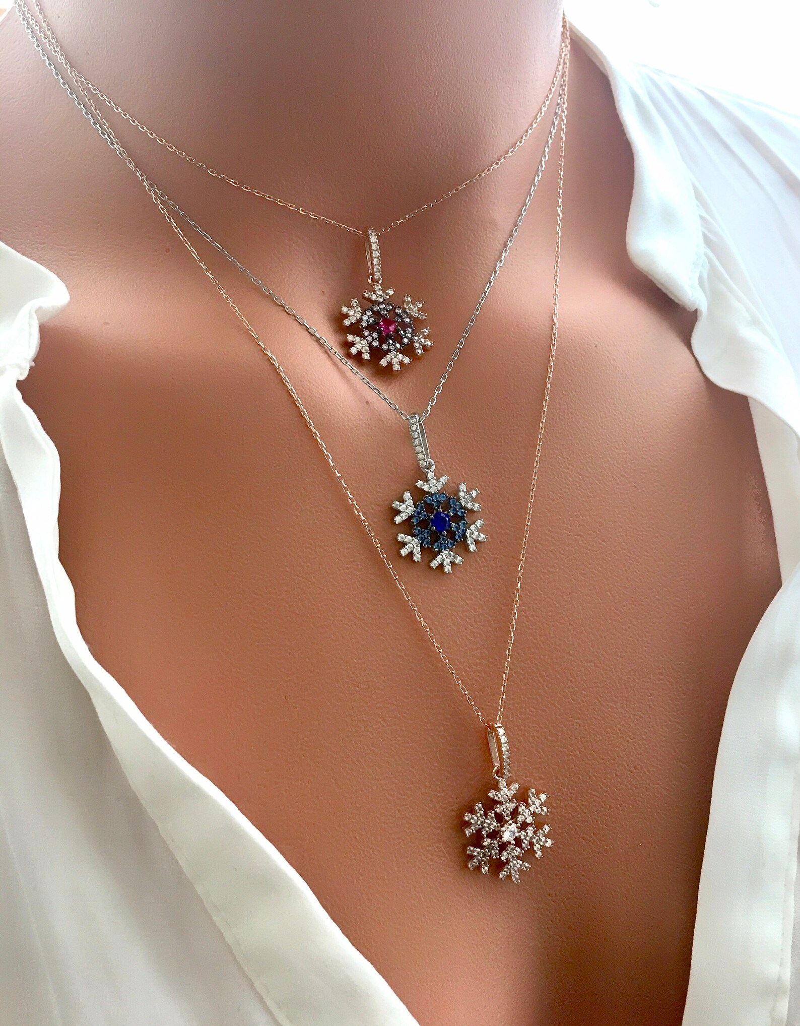 Sapphire Snowflake Necklace / 925 Sterling Silver Necklace / | Etsy