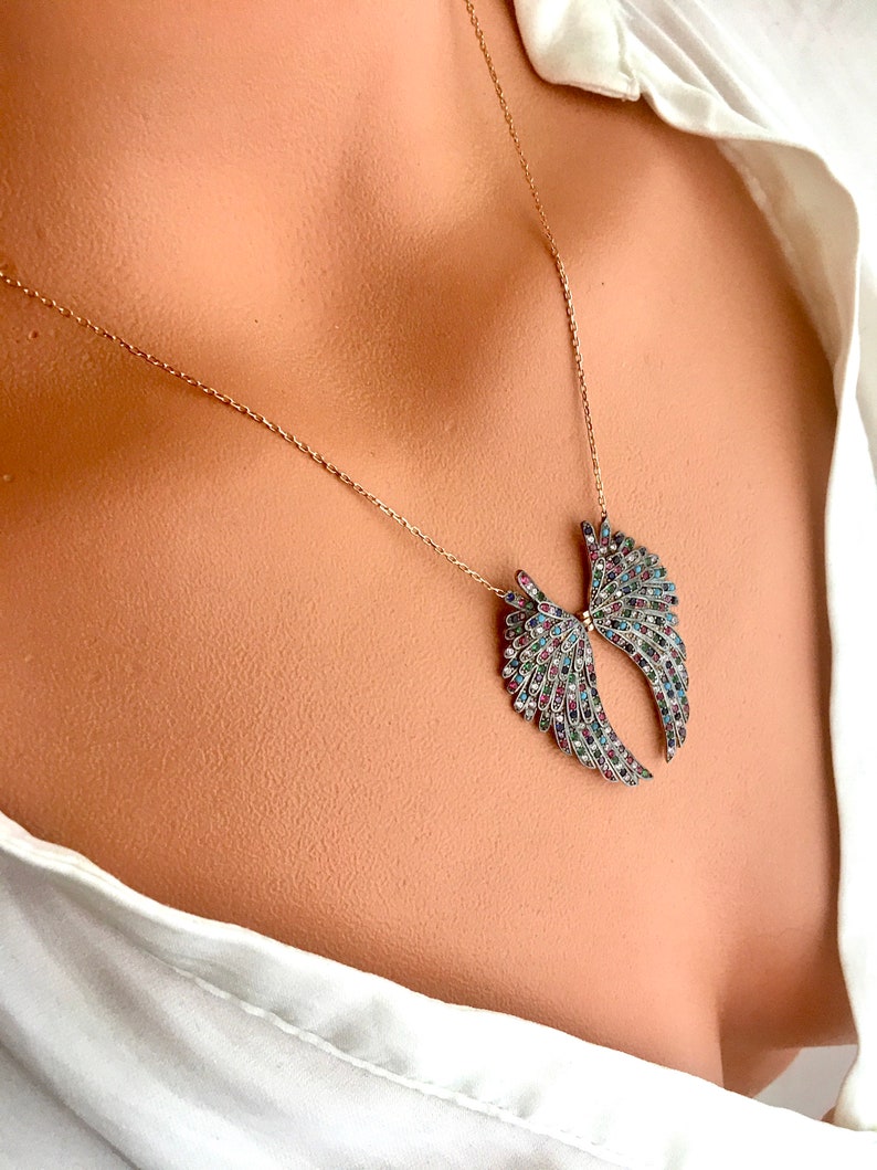 Multi Color Wings Necklace / Sterling Silver Angel Wings / | Etsy