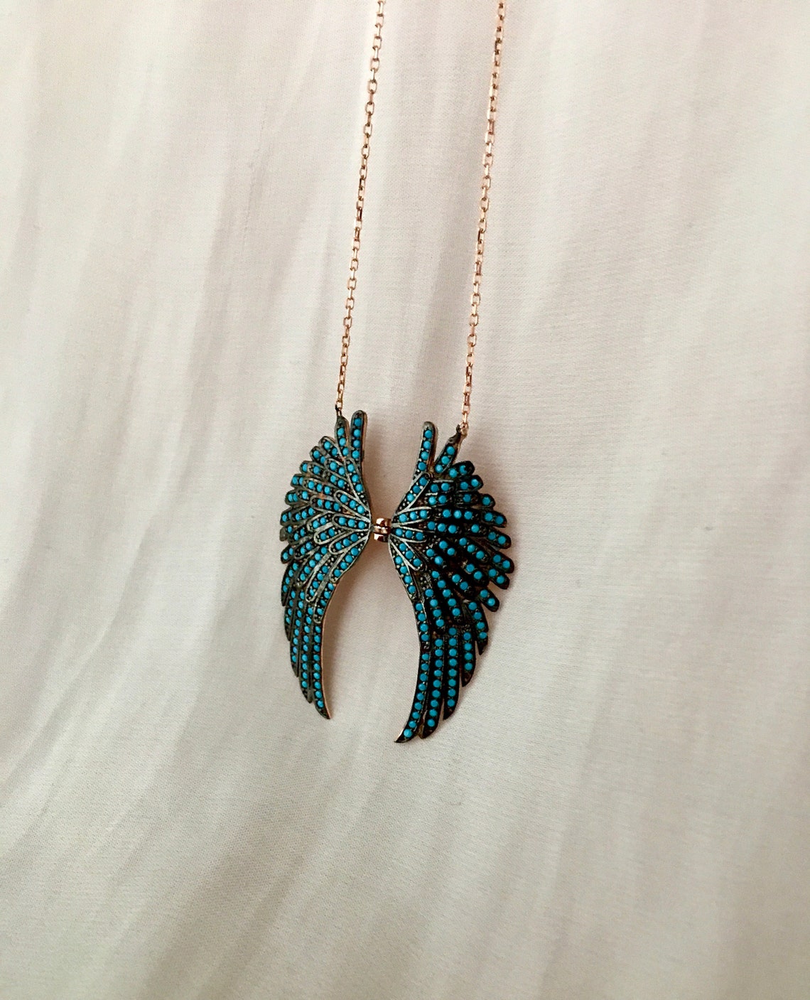 Turquoise Wings Necklace / 925 Sterling Silver Angel Wings / Zircon ...