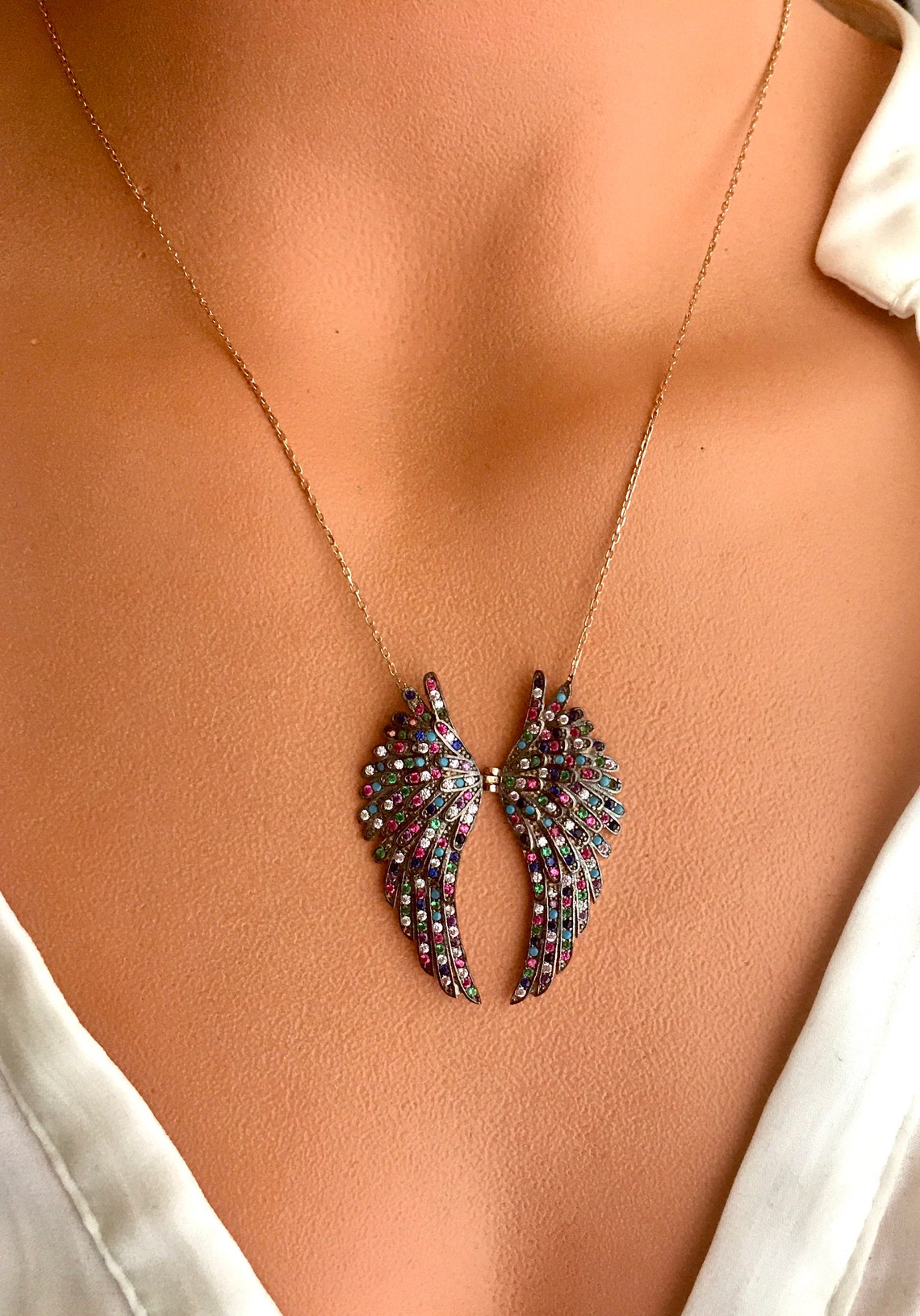 Multi Color Wings Necklace / Sterling Silver Angel Wings / - Etsy