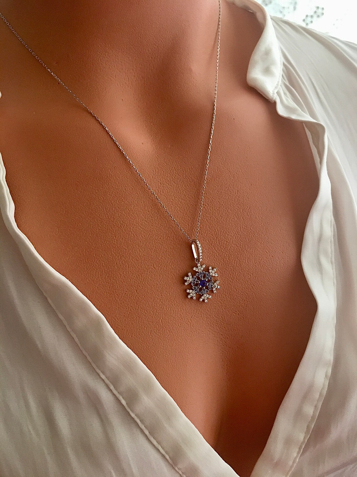Sapphire Snowflake Necklace / 925 Sterling Silver Necklace / | Etsy