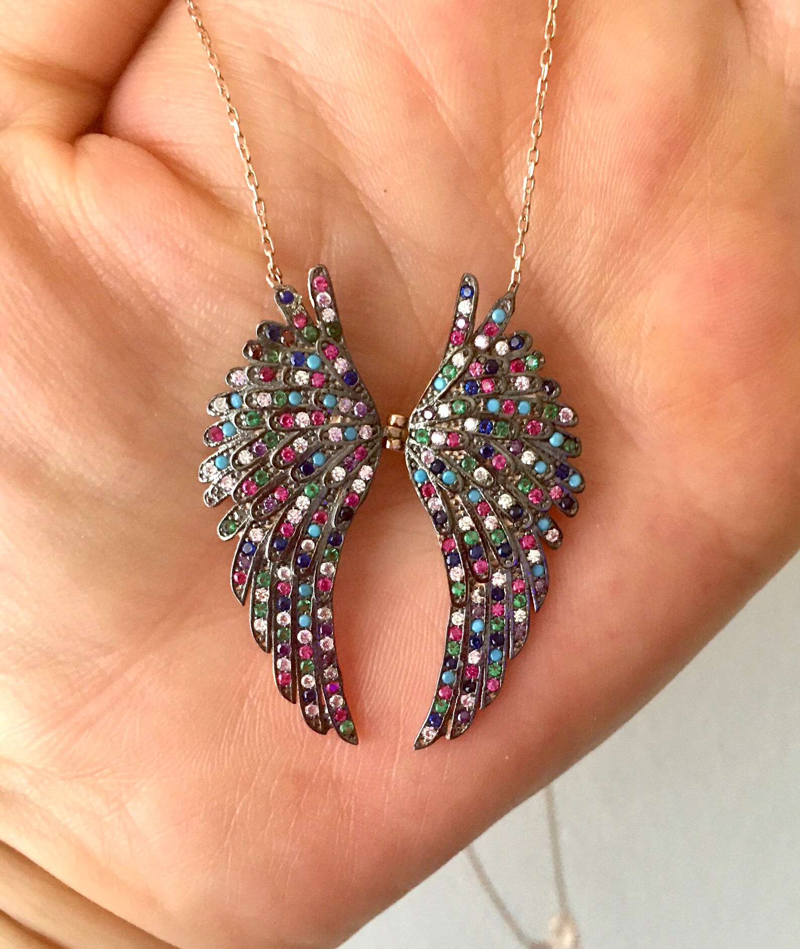 Multi Color Wings Necklace / Sterling Silver Angel Wings / - Etsy