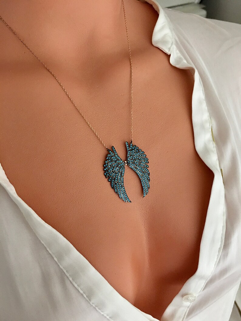 Turquoise Wings Necklace / 925 Sterling Silver Angel Wings / Zircon ...
