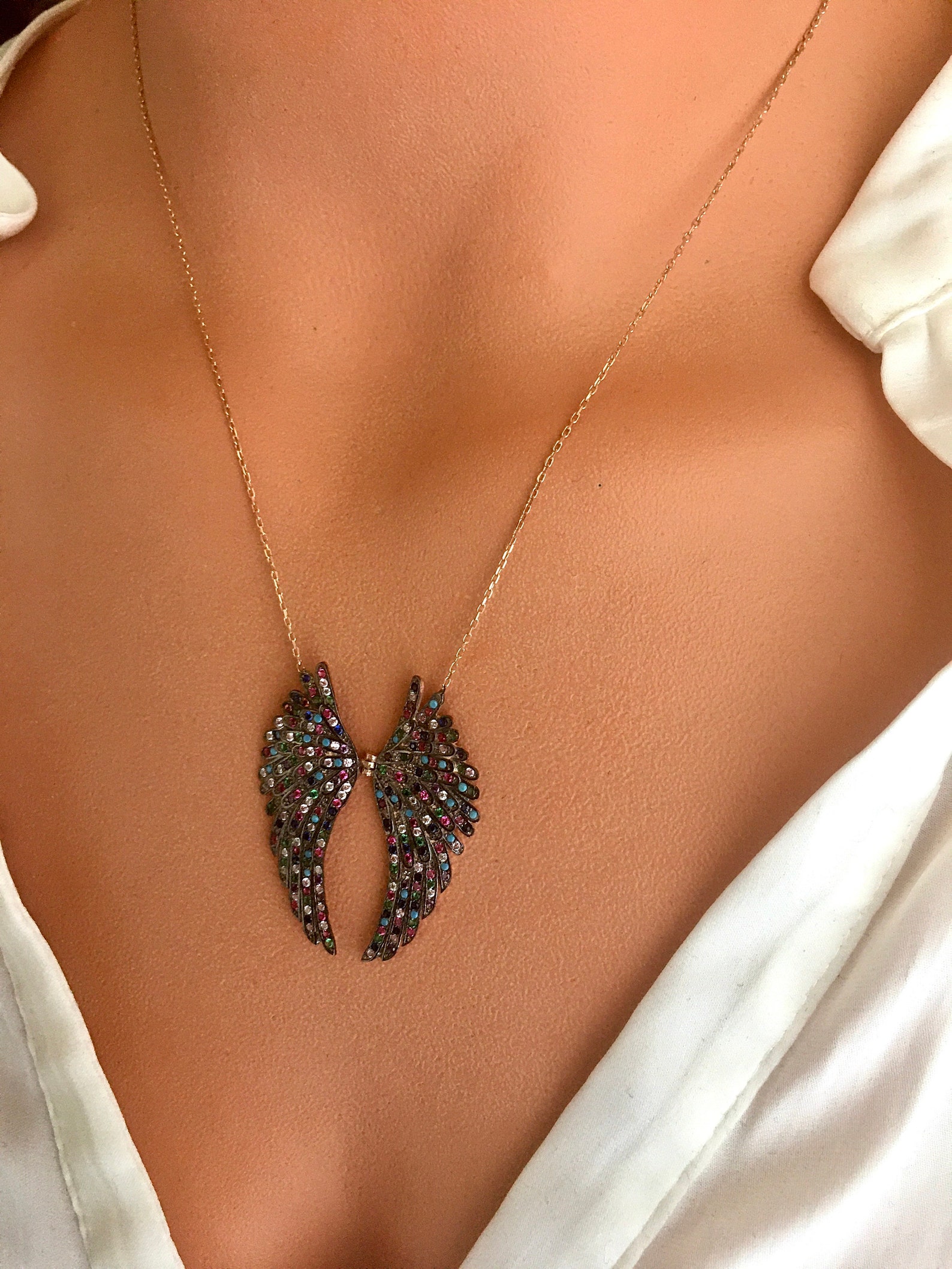 Multi Color Wings Necklace / Sterling Silver Angel Wings / - Etsy