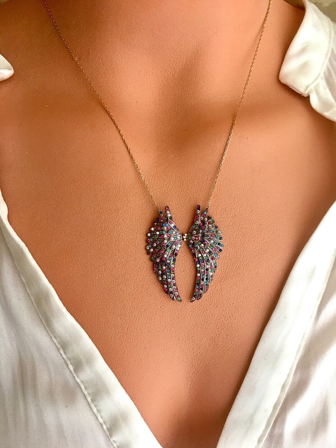 Multi Color Wings Necklace / Sterling Silver Angel Wings / Zircon ...