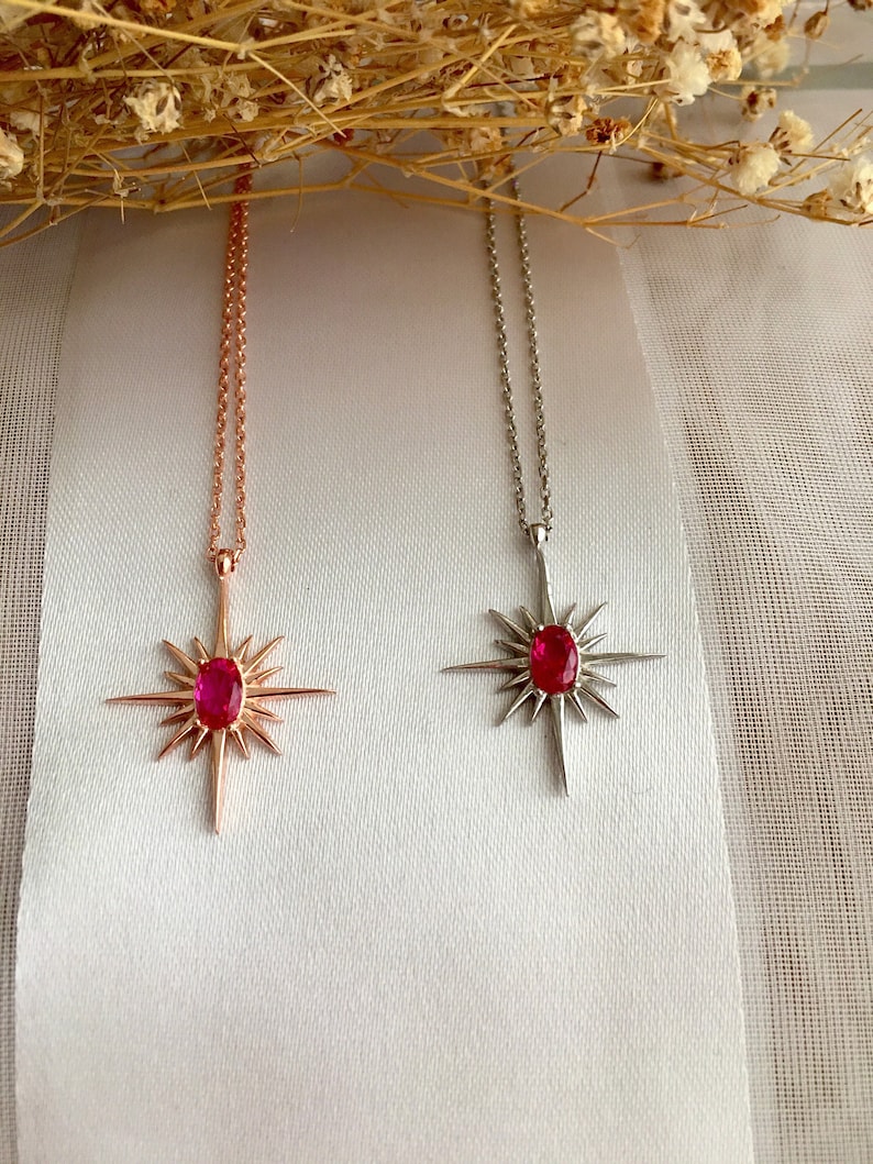 925 Sterling Silver Ruby North Star Necklace, Polar Star Necklace, 18k ...