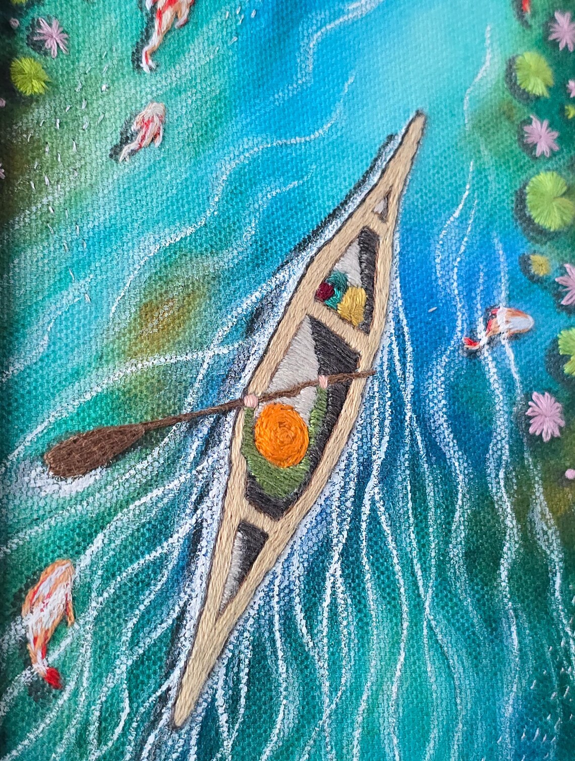 Original Mixed Media Canoe Art - Serene River Scene, Person in a Canoe ...