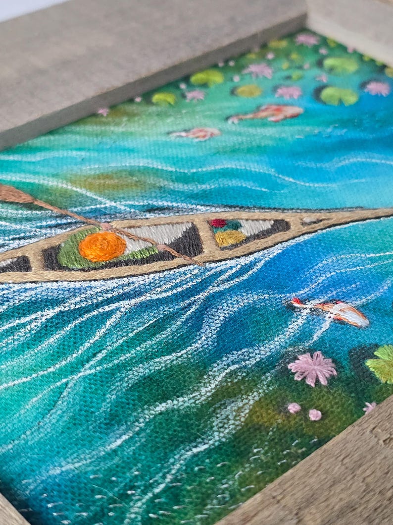 Original Mixed Media Canoe Art - Serene River Scene, Person in a Canoe ...