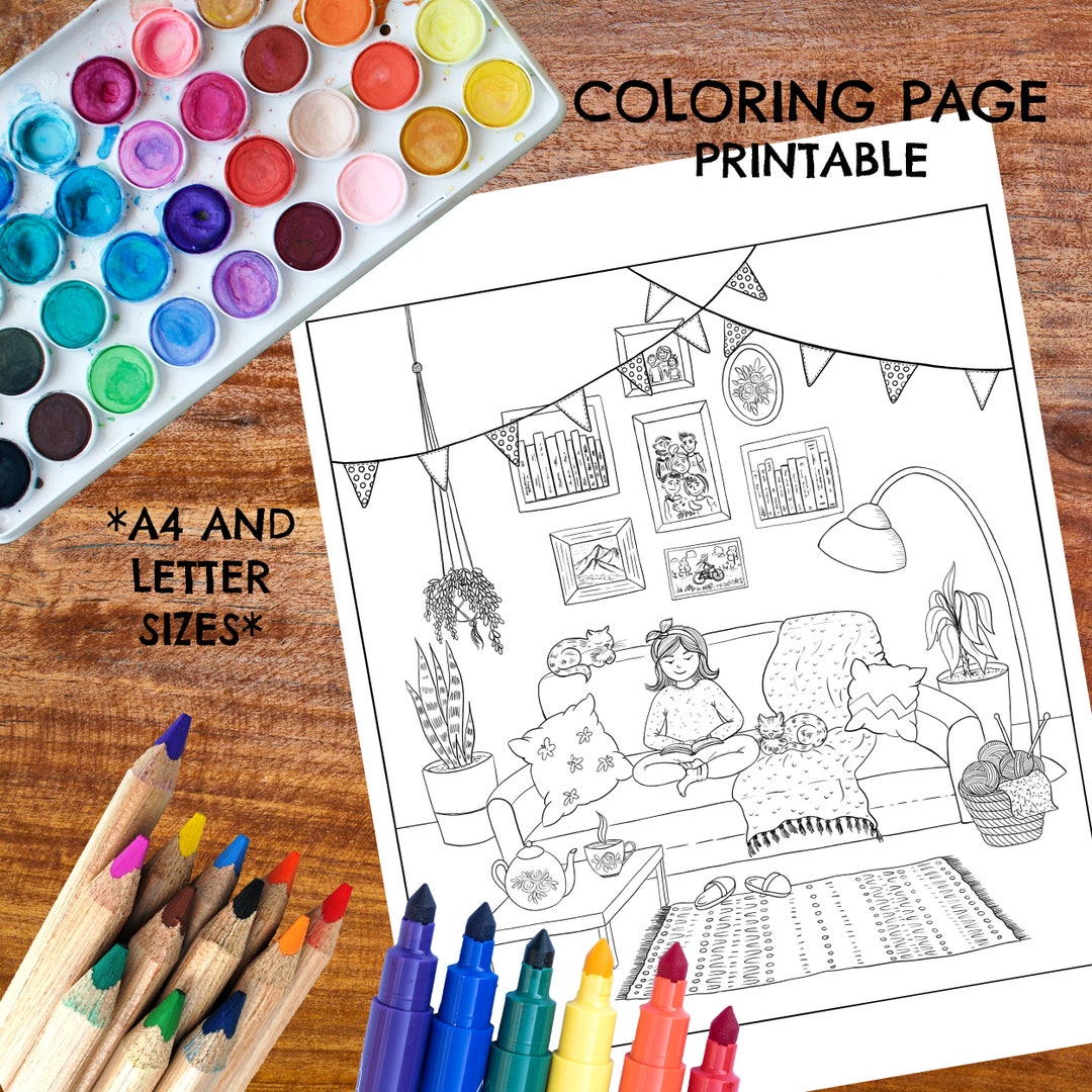 Cozy Home Life Printable Coloring Page / Hygge Living Room Adult ...