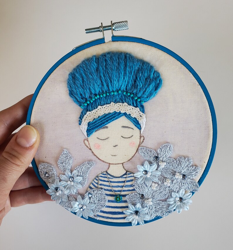 Blue Hair Girl Embroidery, Wall Hanging, Hoop Art, Hand Embroidered - Etsy