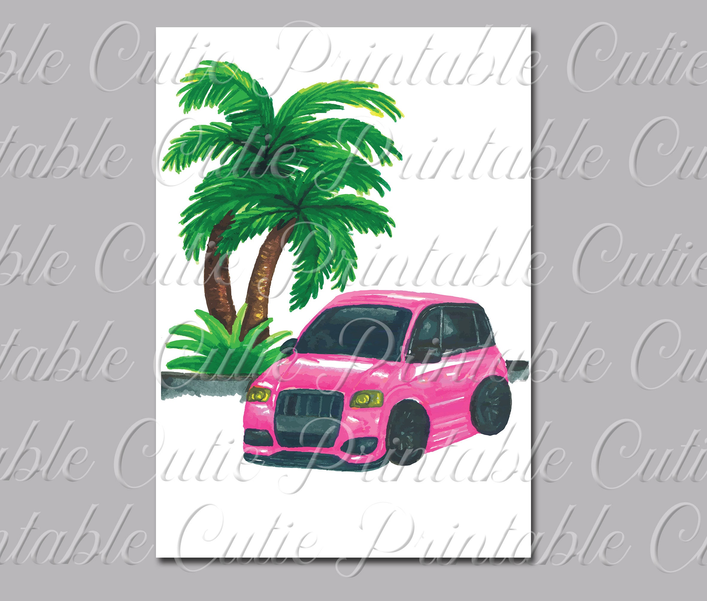 Printable Palm Tree and Pink Car Clip Art Palm Tree Print - Etsy