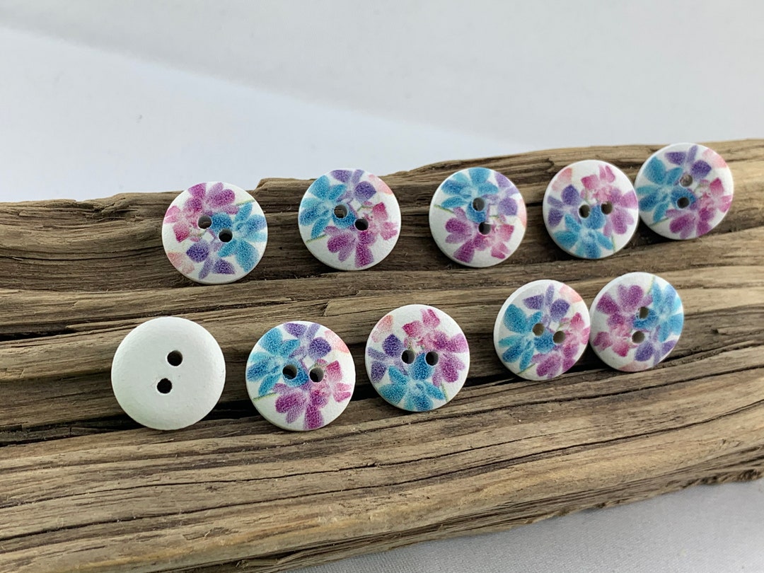 10 Wooden Buttons With Purple Pink and Blue Flowers Flower - Etsy
