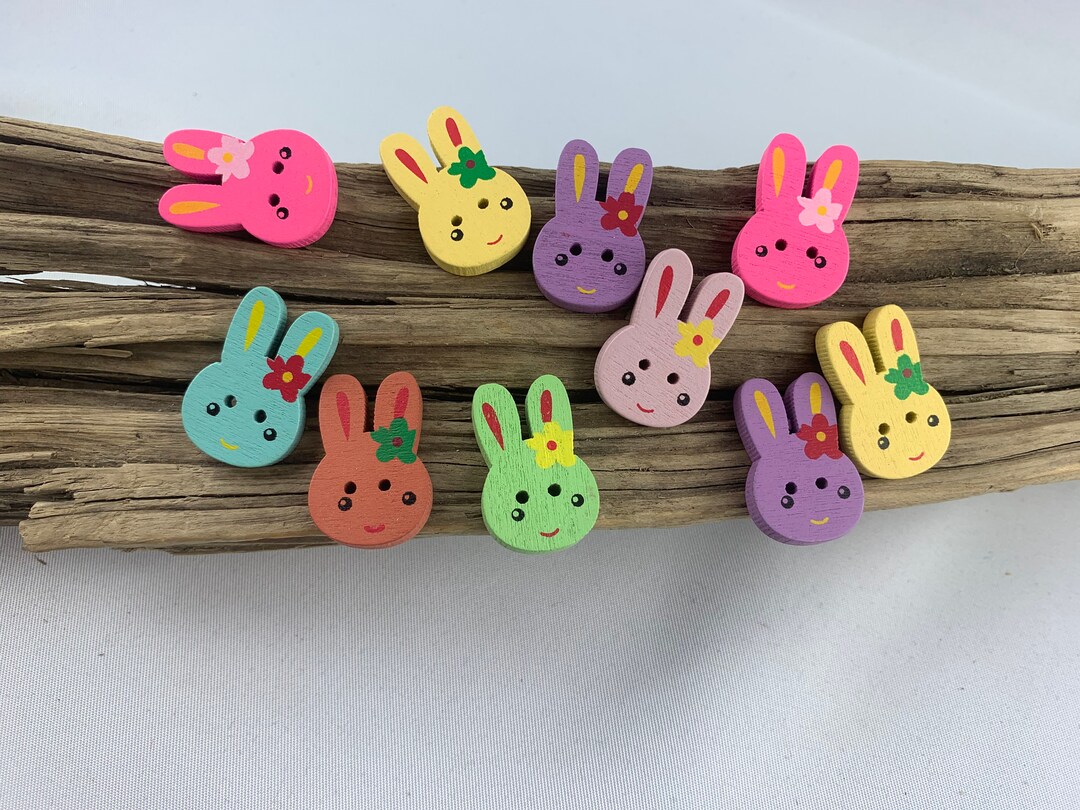 5 Rabbit Buttons Rabbit Wooden Button Yellow Pink Green Blue Brown ...