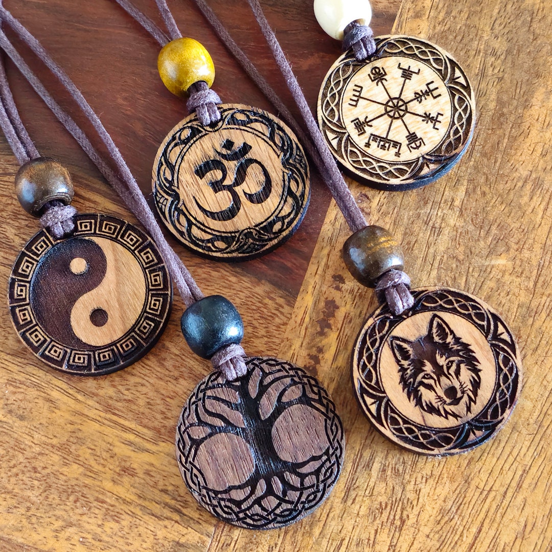 Wooden Pendant Tree of Life Om Viking Compass Wolf Yin Yang Case Cotton ...