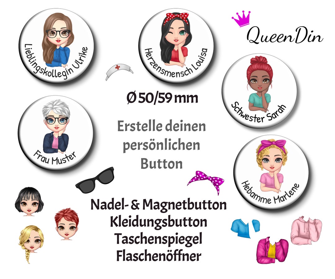 Personal Button portrait Ø50/59 Mm With Desired Name, Completely ...