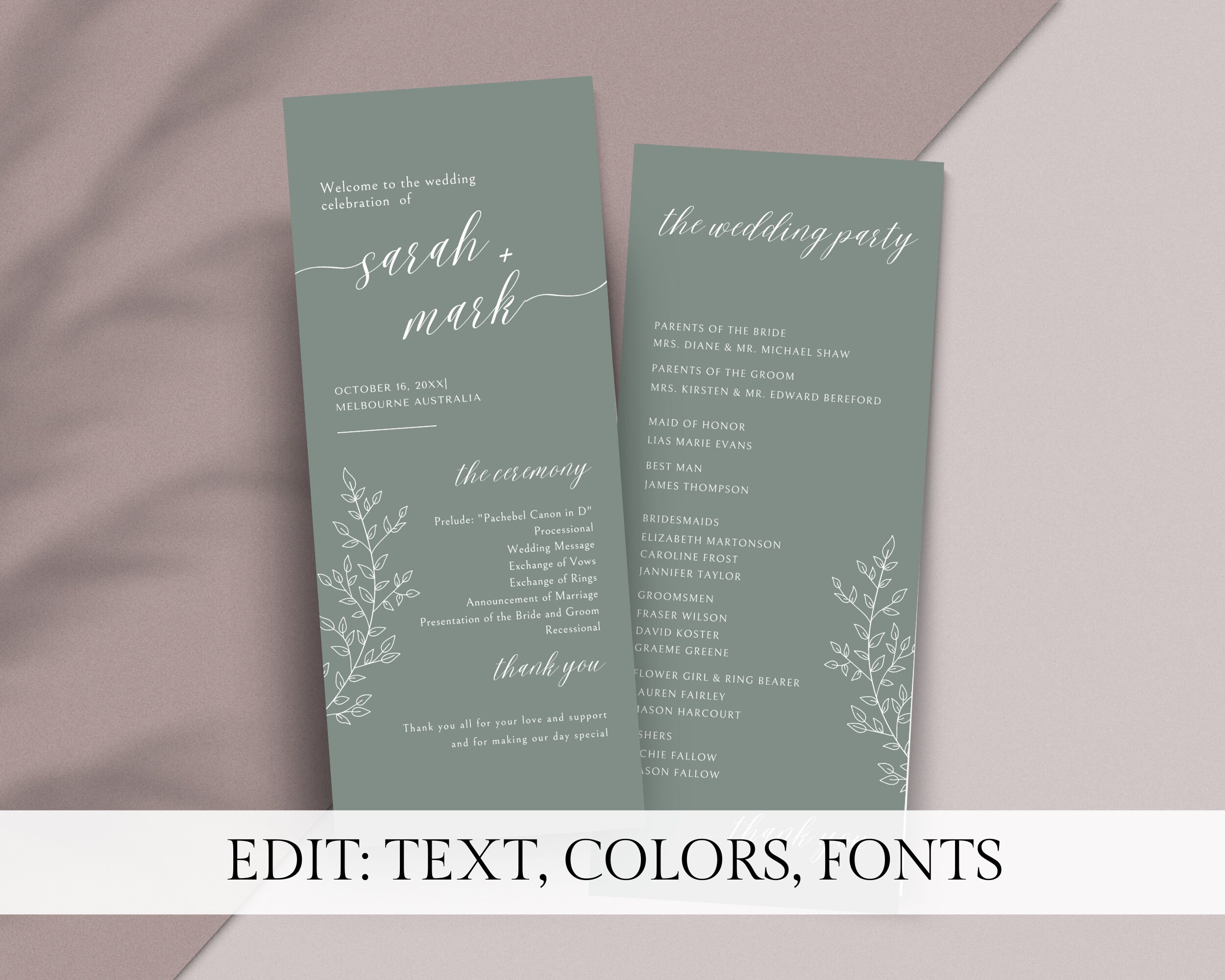 Sage Green Wedding Program, Instant Download , Wedding Ceremony Program ...