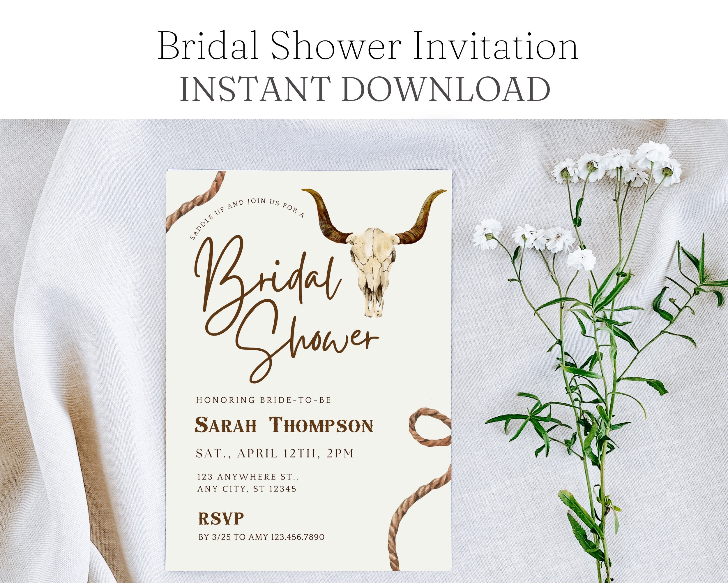 Western Theme Bridal Shower, Rustic Wedding Invitation, Cow Skull ...