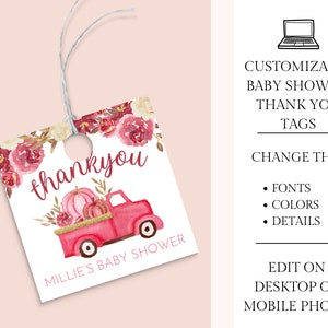 Pink Truck Pumpkin Fall Shower Party Favor Tags, Thank You Tags ...