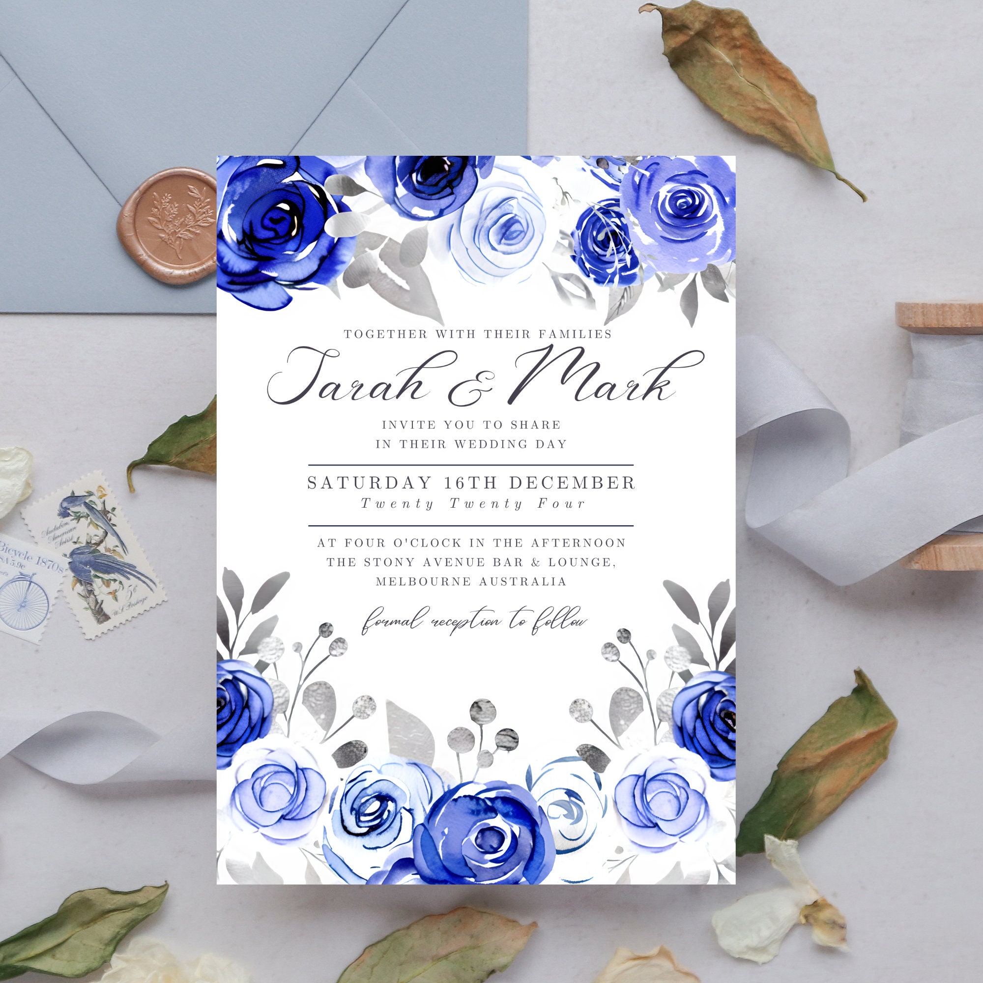 Royal Blue and Silver Wedding Invitation Template Watercolor - Etsy