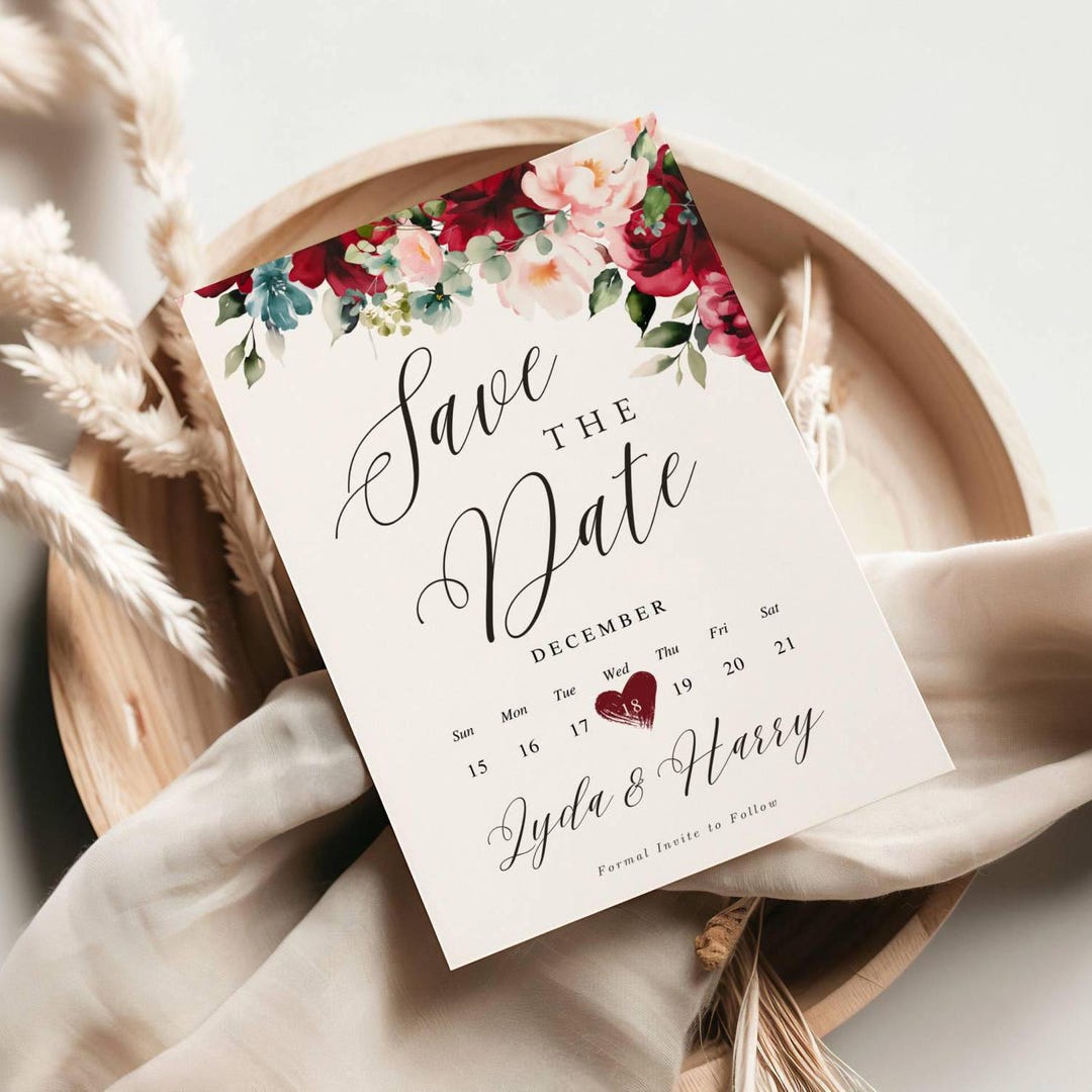 Dark Red Wedding Save the Date, Calendar Save the Date, Burgundy ...