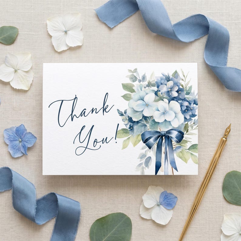 Blue Hydrangea Folded Thank You Card, Printable Bridal Shower, Editable ...