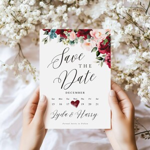 Dark Red Wedding Save the Date, Calendar Save the Date, Burgundy ...